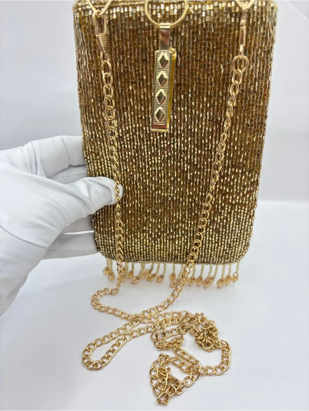 Bags | Gold Beaded Fringe Phone Holder Purse With Chain | Poshmark